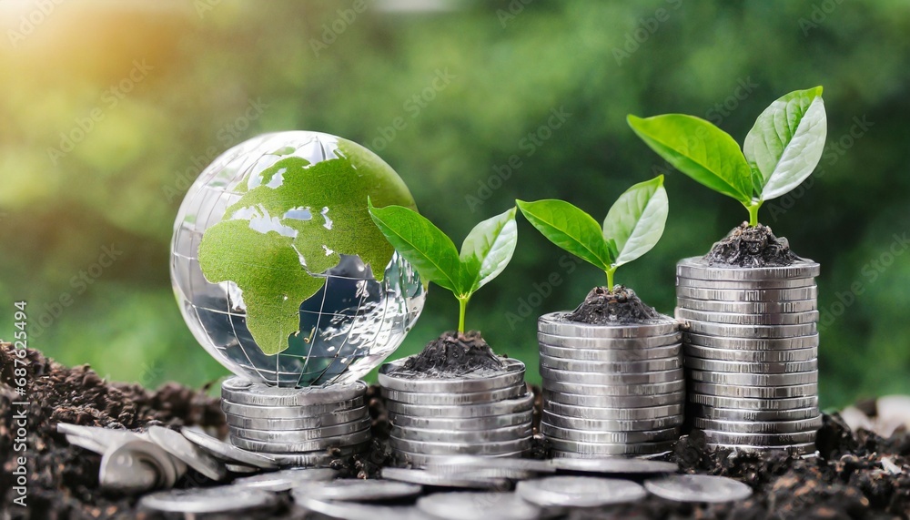green globe with world map and stack of silver coins the seedlings are ...