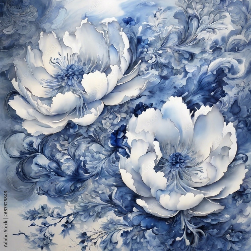 chinese porcelain painting with flowers, traditional blue and white art ...