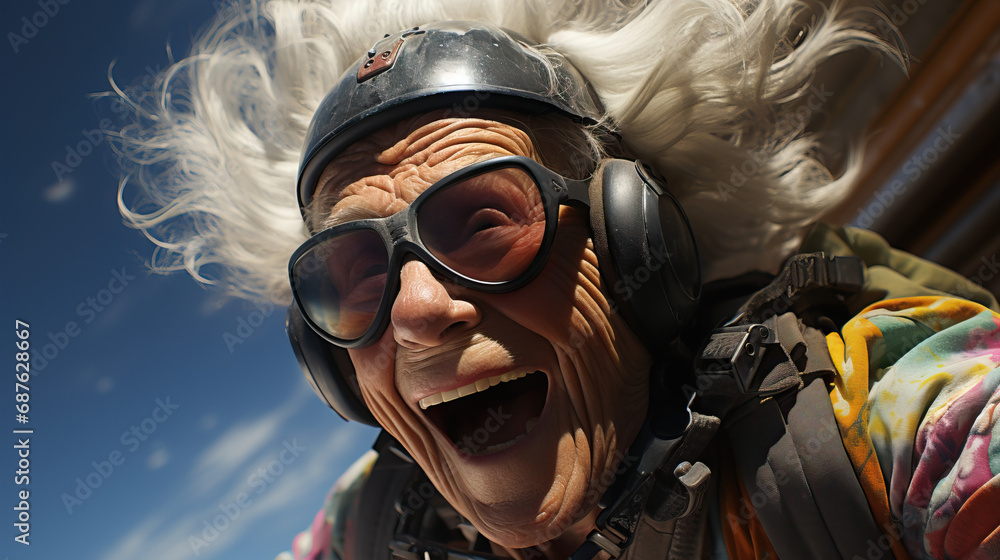 Grandma skydiving through the air. Concept of adventurous spirit ...