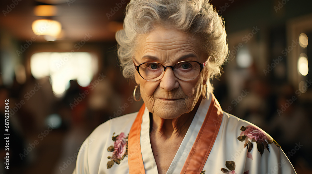 Grandma in karate robes training in a dojo. Concept of active lifestyle ...