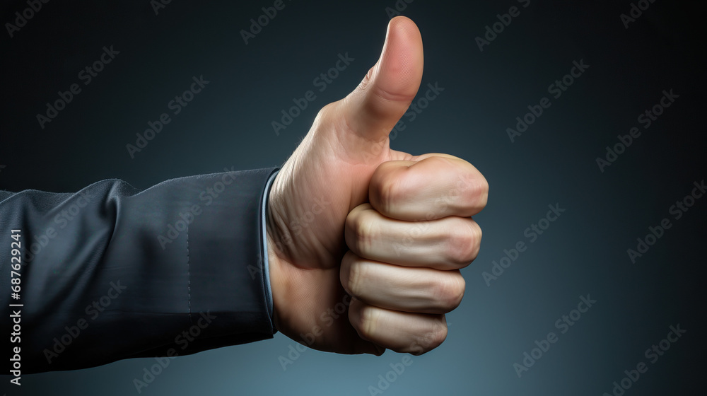 Hand giving a thumbs up pose on a black background. Concept of approval ...