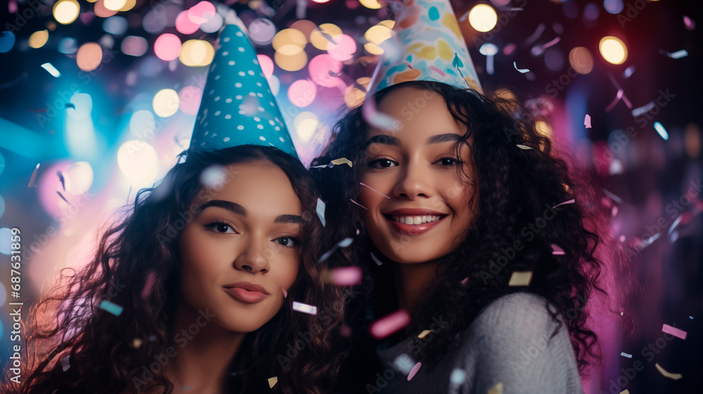 Two friends at a party, portraits, party caps and flying foil. Girls ...