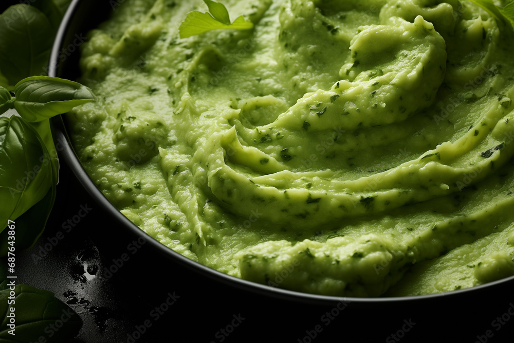 Pesto spread texture background. Green Italian homemade spilled sauce ...
