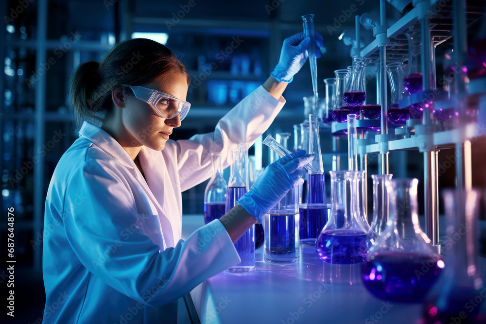 Scientist conducting research in chemistry lab. Female research ...
