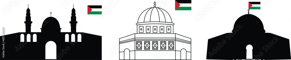 Vecteur Stock Palestine al Aqsa mosque with flag, compound in the city ...