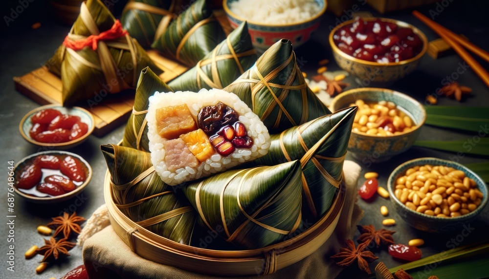 Zongzi, traditional Chinese rice dumplings wrapped in bamboo leaves ...