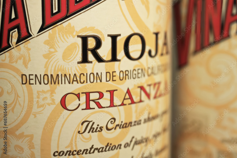 Viersen, Germany - May 9. 2023: Closeup of Rioja red wine crianza ...