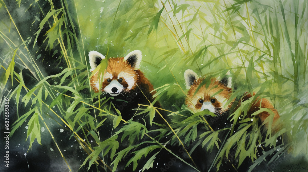 Red Panda Reverie: A charming scene of red pandas in a bamboo thicket ...