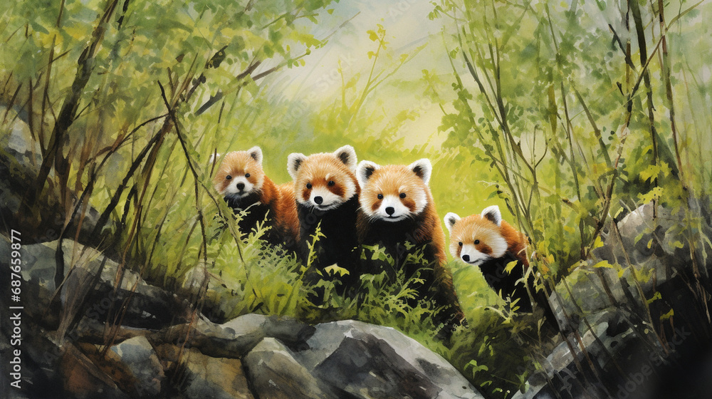 Red Panda Reverie: A charming scene of red pandas in a bamboo thicket ...