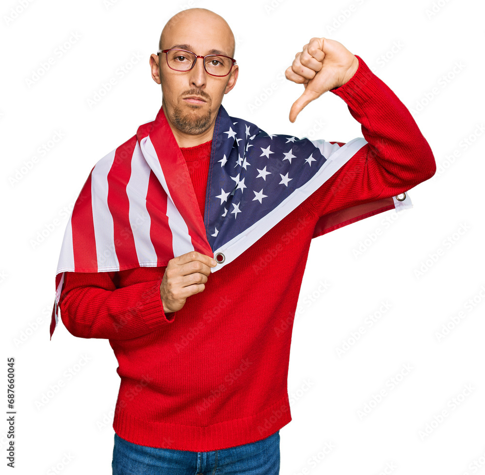 Bald man with beard wrapped around united states flag with angry face ...