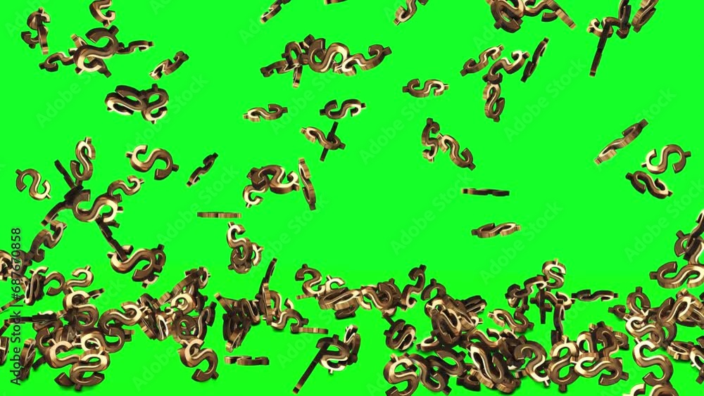 Golden Shiny Dollar Sign Falling On Green Screen Background. Golden ...
