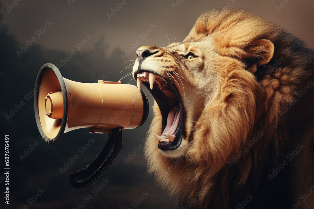 A powerful lion with its mouth open, holding a megaphone. Perfect for ...