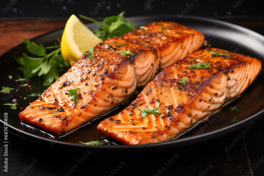 Freshly cooked salmon fillets served on black plate with garnish of ...