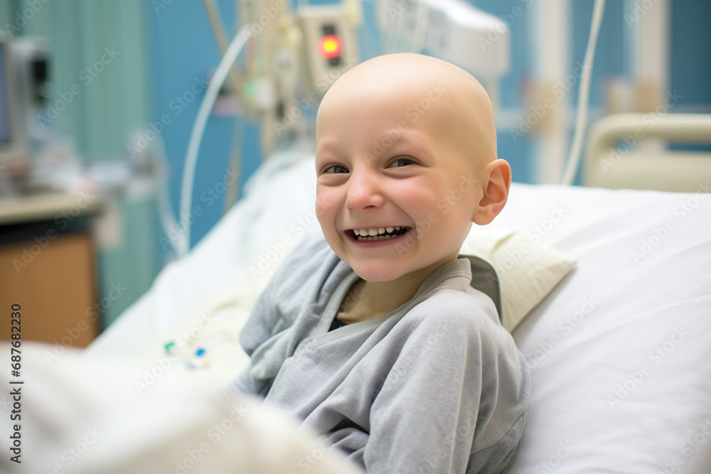 Bald boy Cancer patient smiling in cancer hospital bed Stock ...