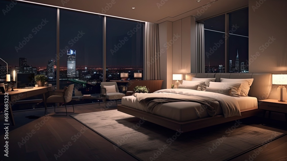 a modern and luxurious hotel room with a stunning view of the city ...