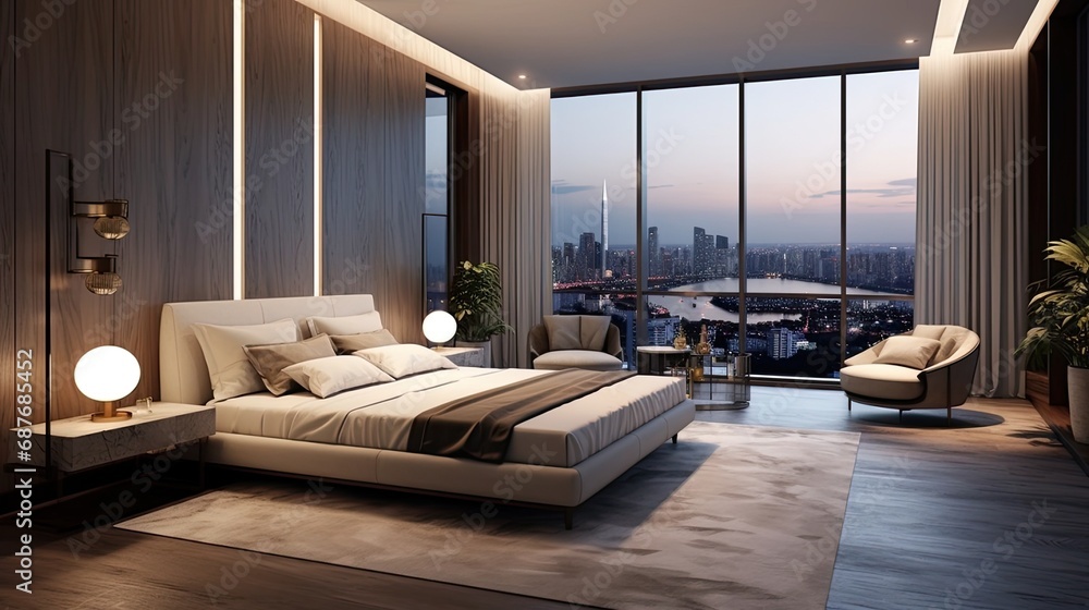 a modern and luxurious hotel room with a stunning view of the city ...