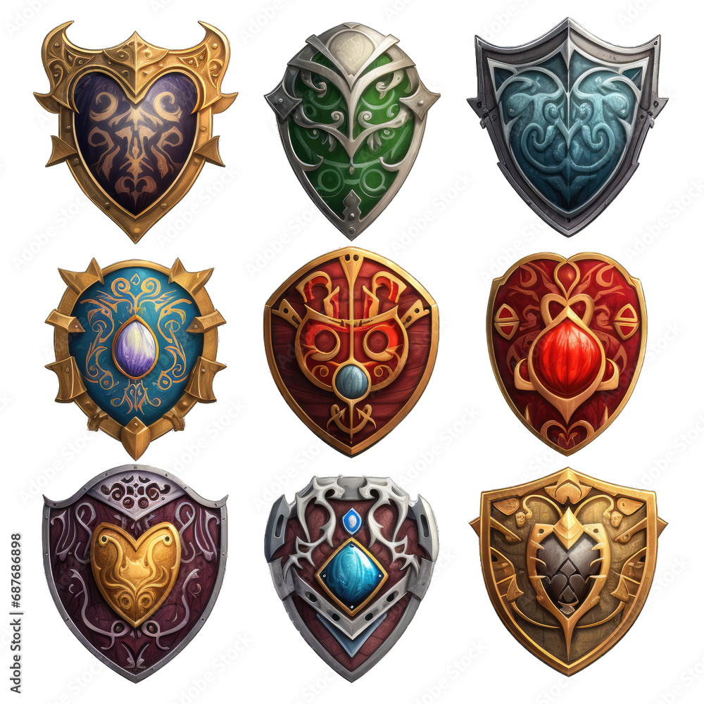 Collection of Fantasy Shields. Isolated on a Transparent Background ...