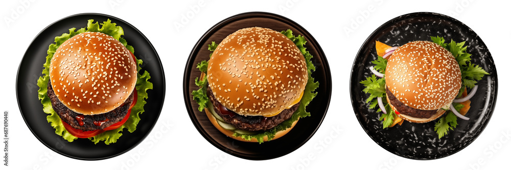 Top view of chicken burger with green salad and vegetables inside black ...