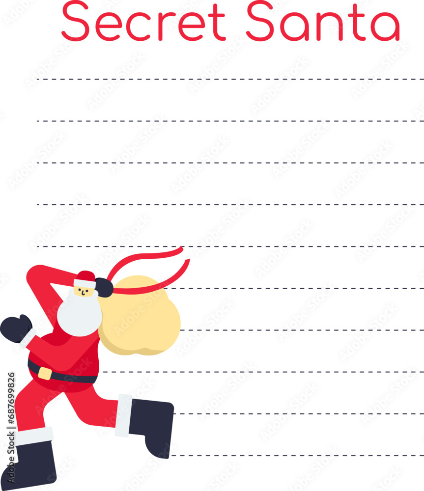 Secret Santa gift list template. Running character in a Santa Claus ...