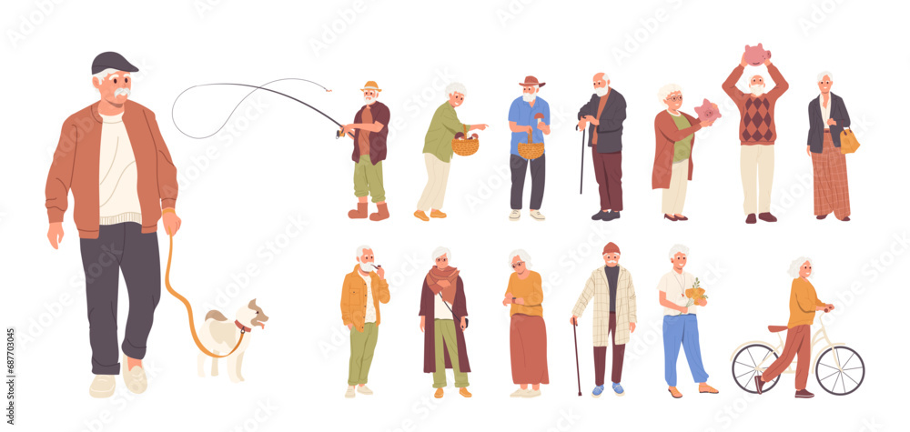 Set of diverse elderly people cartoon characters different action ...