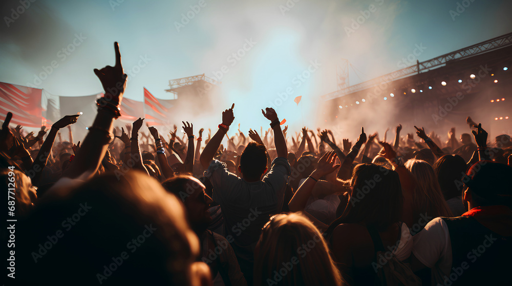 Crowd of people dancing at a night concert in an arena. Dancing at the ...