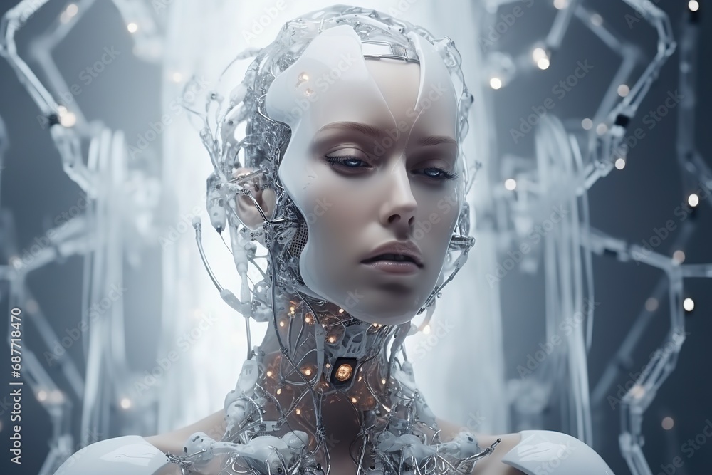 Portrait of a female cyborg robot. a humanoid cyber girl with a neural ...
