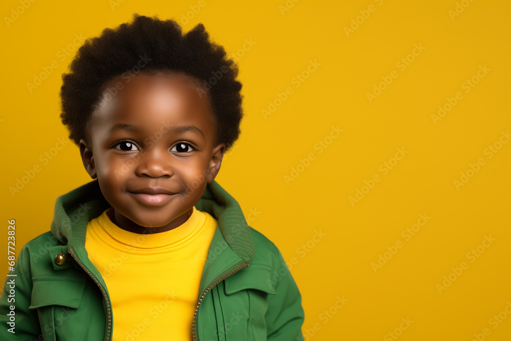 an 3 Year old nigerian kid wearing green clothes, yellow solid pastel ...
