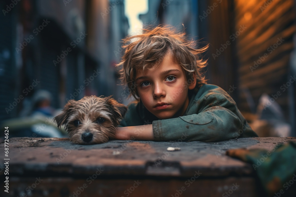 Orphan child. Abandoned street children, homeless, orphans. Lonely and ...