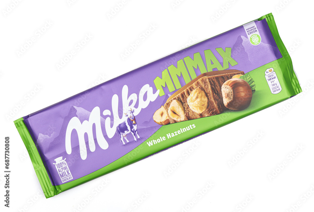 Milka MMMAX whole hazelnuts chocolate block isolated on white ...