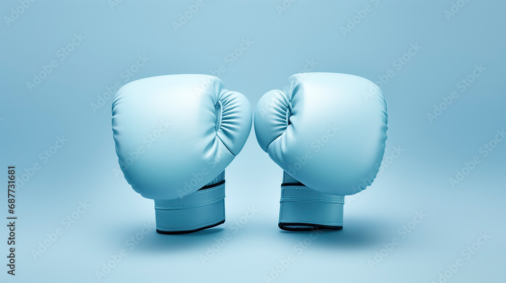 Two blue boxing gloves are touching each other, ready for a fight ...