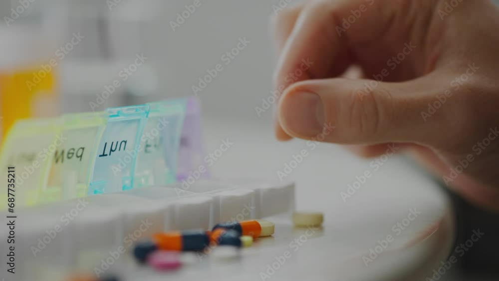 Antibiotic. A patient responsibly sorts medications with male hands in ...