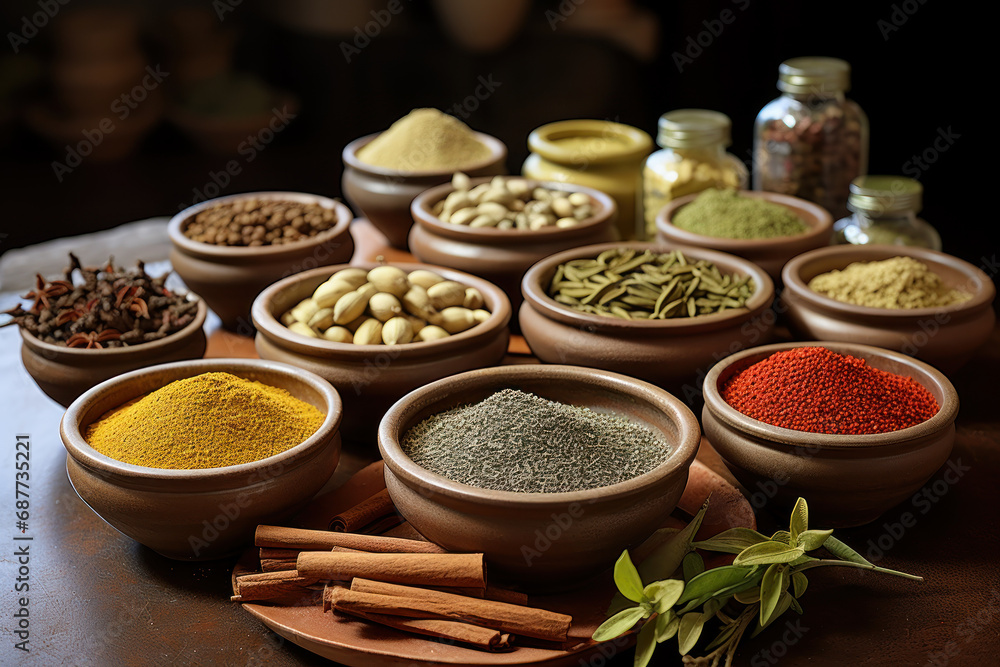 A carefully arranged set of aromatic spices in small bowls, reflecting ...