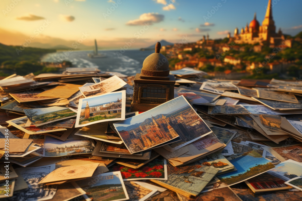 A stack of old-fashioned postcards from different parts of the world ...