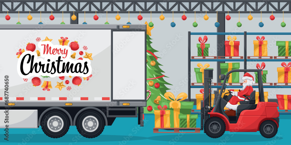 Warehouse with pallet racks with boxes. Santa Claus driving a forklift ...