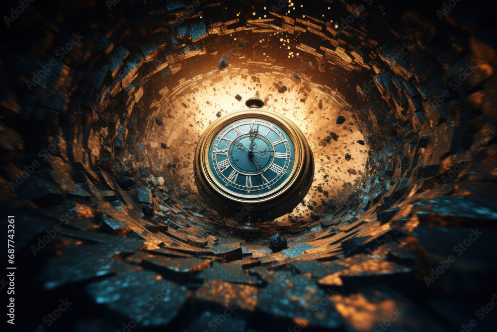 A swirling vortex of clock hands moving in a non-linear fashion ...