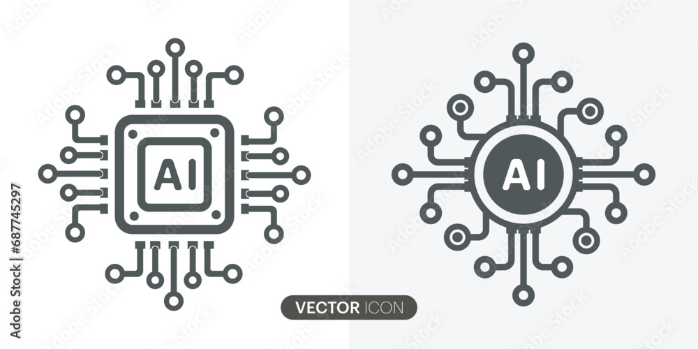 Artificial intelligence AI processor chip icon set.Mini AI CPU icon in flat style for graphic ...