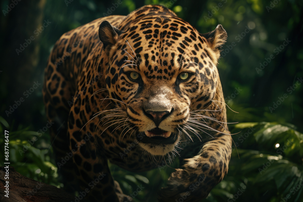 A powerful jaguar prowling through the rainforest, representing the ...