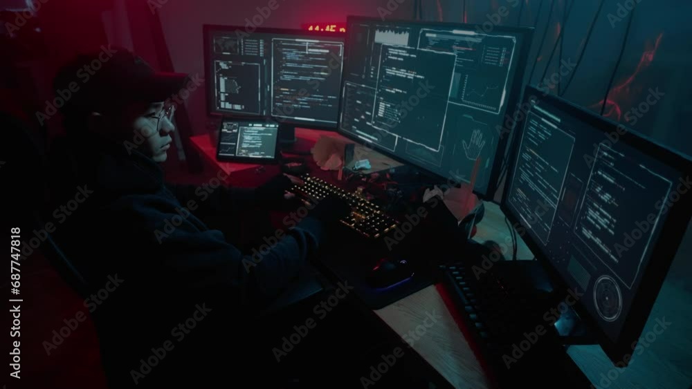 Hacker typing virus code on multiple monitors of computer Stock Video ...