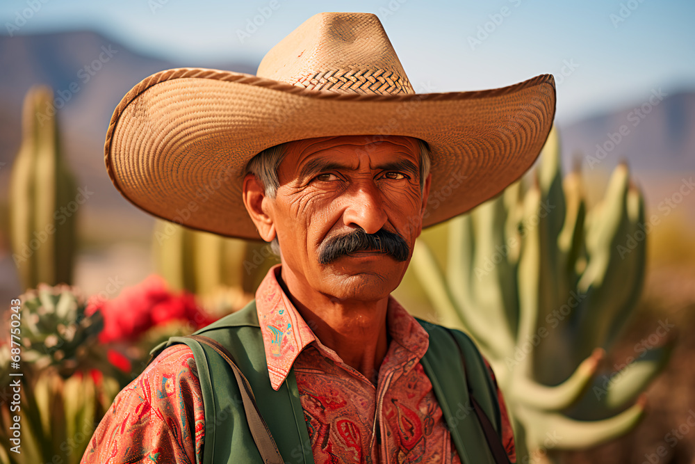 A portrait featuring a stereotypical image of a tanned Mexican man with ...