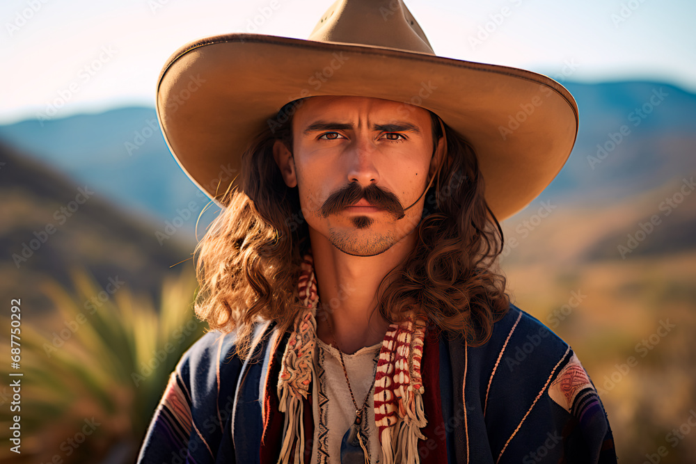 A portrait featuring a young strong and stylish Mexican man with curly ...
