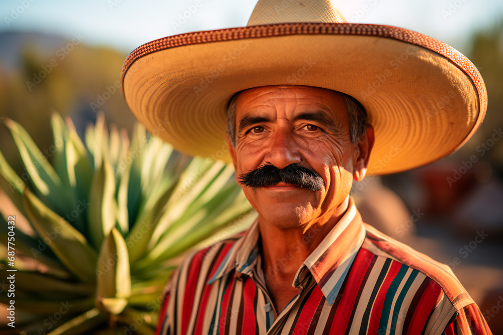 A portrait featuring a stereotypical image of a tanned Mexican man with ...