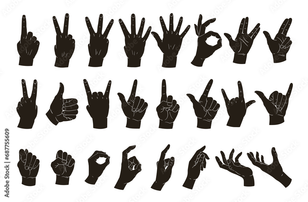 Hands silhouettes. Cartoon hand gestures, peace, okay and call position ...