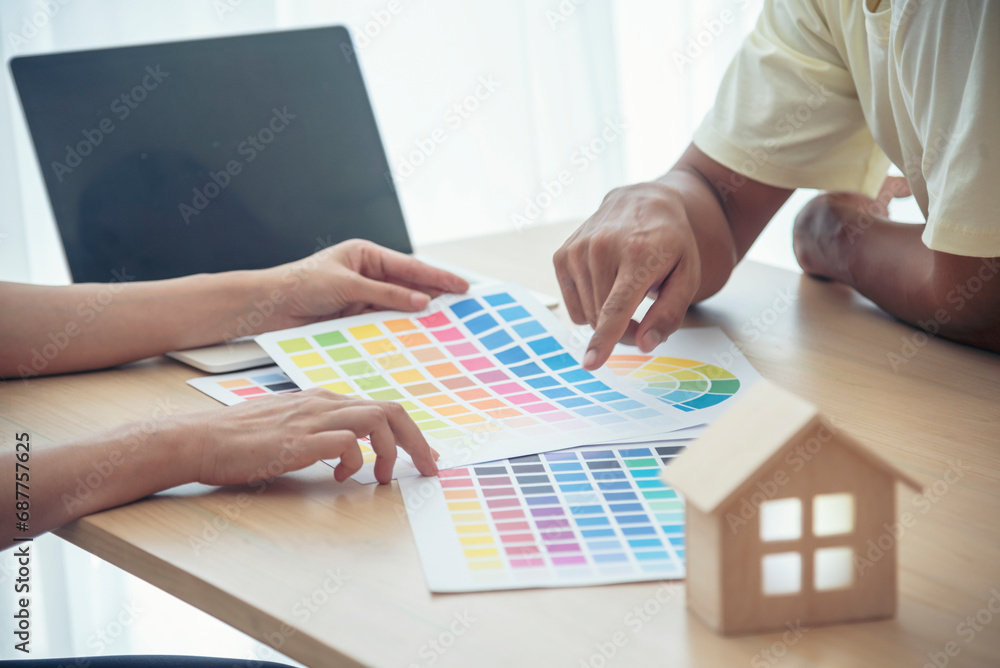 Asian interior designer team partner engineer brainstorming choosing ...