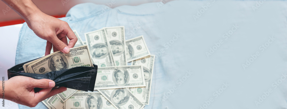 Banner Hand holding money dollar banknote e wallet payment. Banner ...