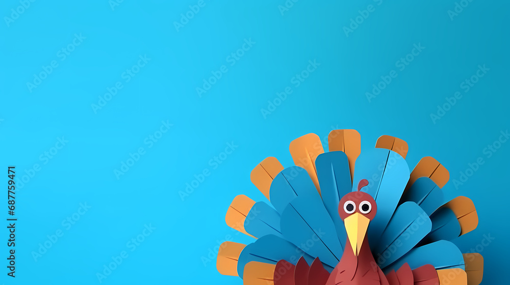 blue background with copy space. paper craft for kids. DIY Turkey made ...