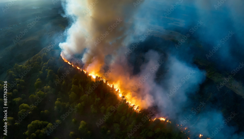 Intense forest fire raging through trees, billowing smoke against a ...