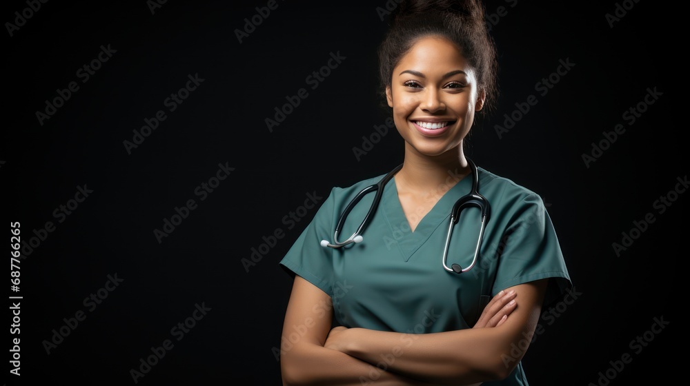 A Beautiful female nurse smiling with arms crossed looking at camera ...