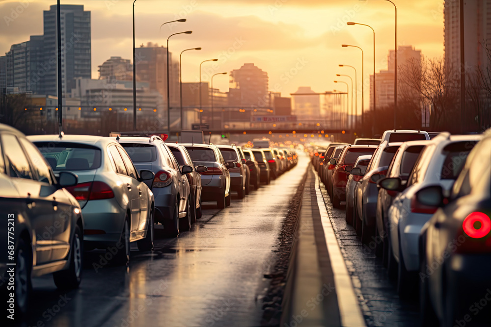 Foto Stock A long line of cars on a busy highway with traffic lights on ...