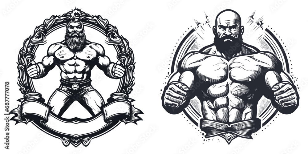 Bodybuilders with big muscles set, vector illustration. Stock Vector ...