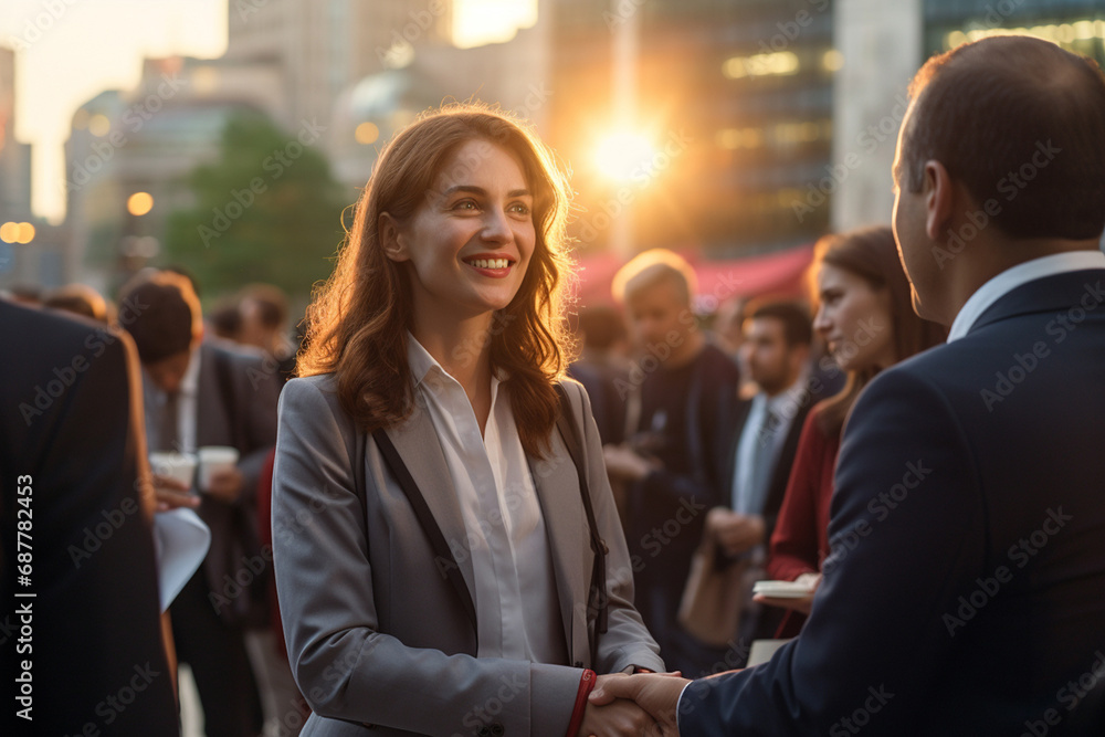 An office girl seals a deal with a handshake in an outdoor field during ...